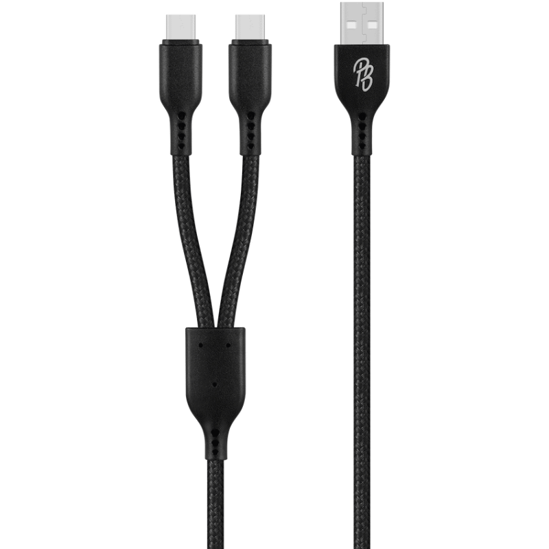 Pro Bass Cord Series 1.2m 15w USB-A to 2x USB-C Braided - Black - GeeWiz