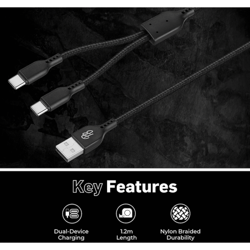 Pro Bass Cord Series 1.2m 15w USB-A to 2x USB-C Braided - Black - GeeWiz