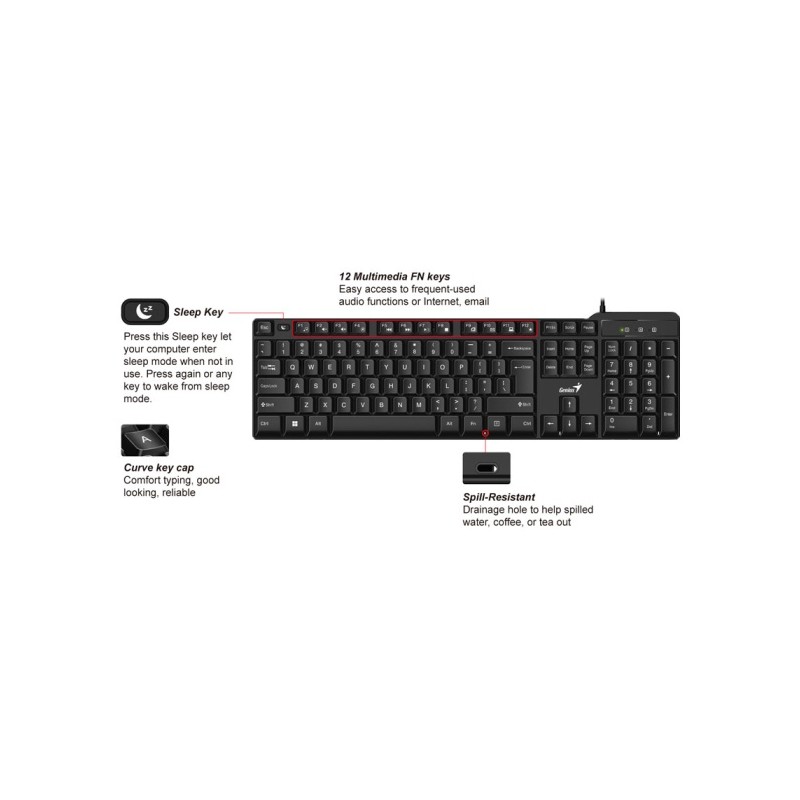 Genius KB-100X | 1.5m USB Wired Classic Keyboard with Sleep Key - GeeWiz