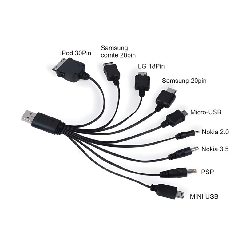 USB Multi/Universal Charger Cable 10 in 1 (Black) - GeeWiz