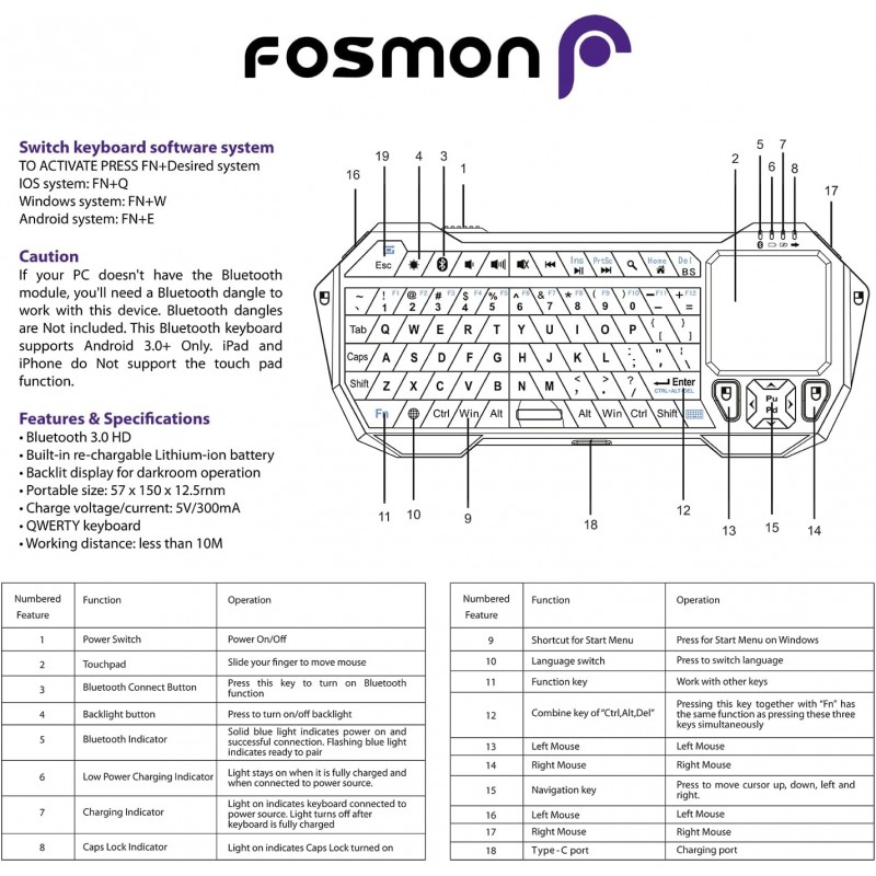 Fosmon Mini Bluetooth Keyboard (QWERTY Keypad)- Wireless Portable with ...
