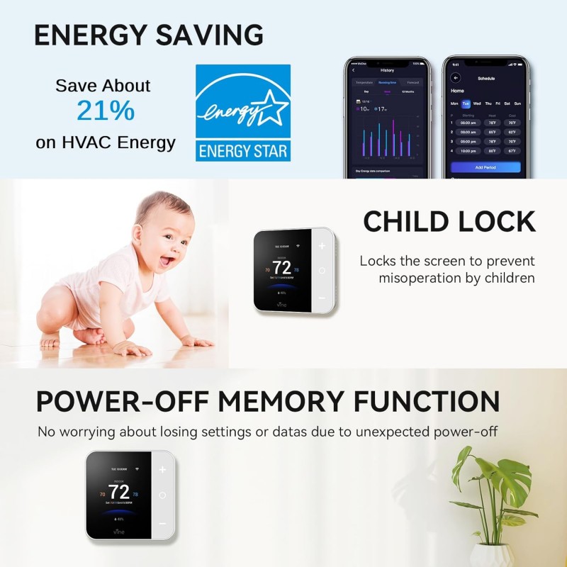 Vine Thermostat for Home with Touchscreen Color Display- WiFi Smart ...