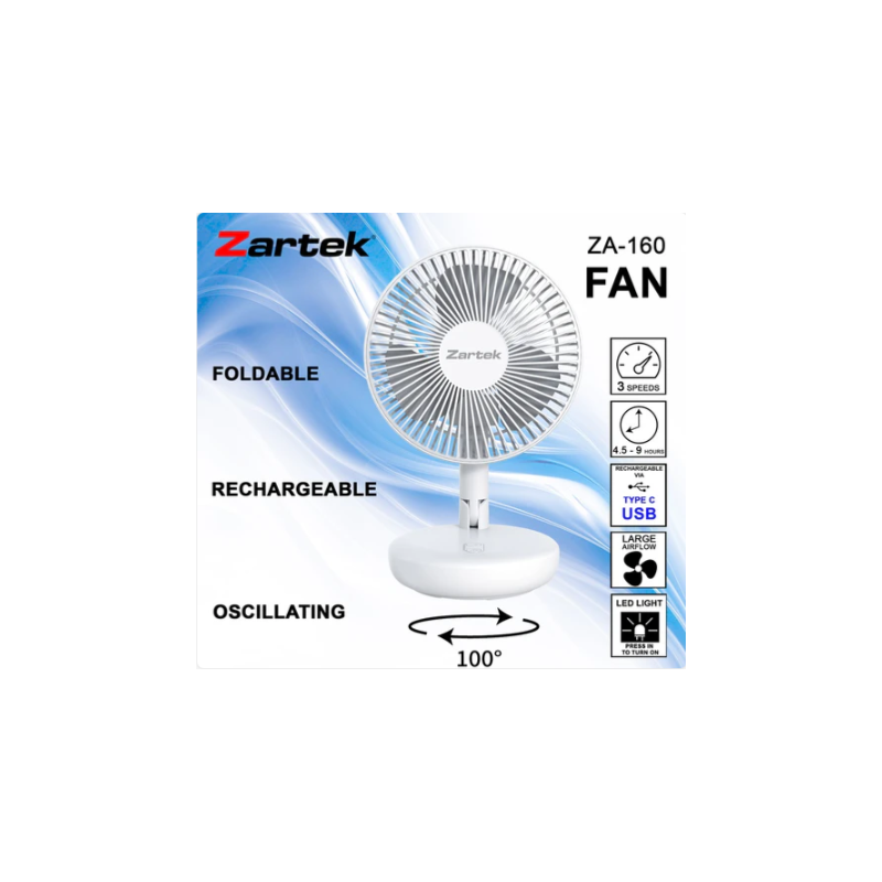 Zartek Rechargeable Portable Fan – WHITE- Automatic Rotating- 3 Speeds ...