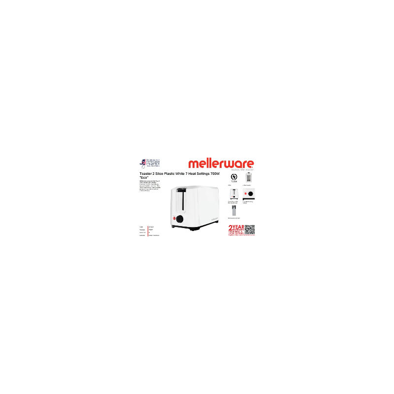 Mellerware Toaster Plastic 2 Slice 700W White - GeeWiz