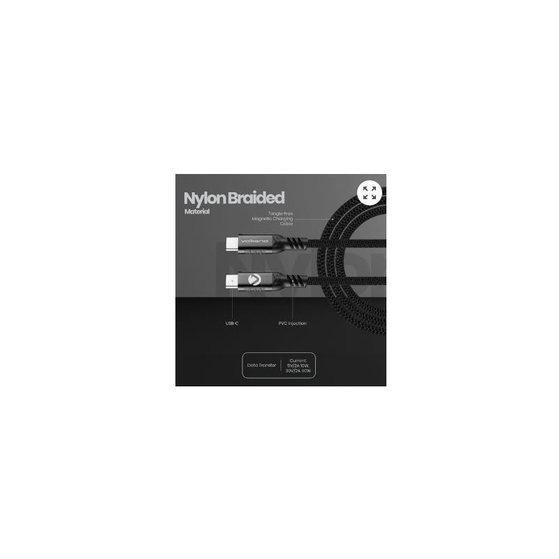 Volkano Weave series 60W Magnetic Type-C Cable - Black - GeeWiz