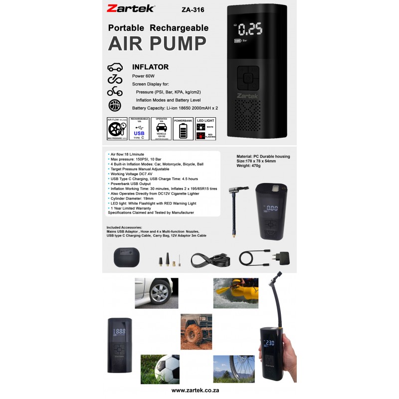 Zartek Air PumpInflator portable rechargeable- Power 60W- Screen ...