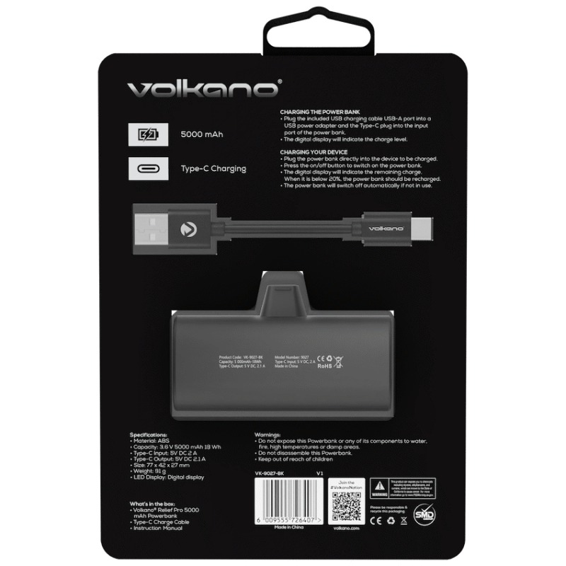 Volkano Relief Pro Power Bank - 5000mah Type-C Direct Plug-in - GeeWiz