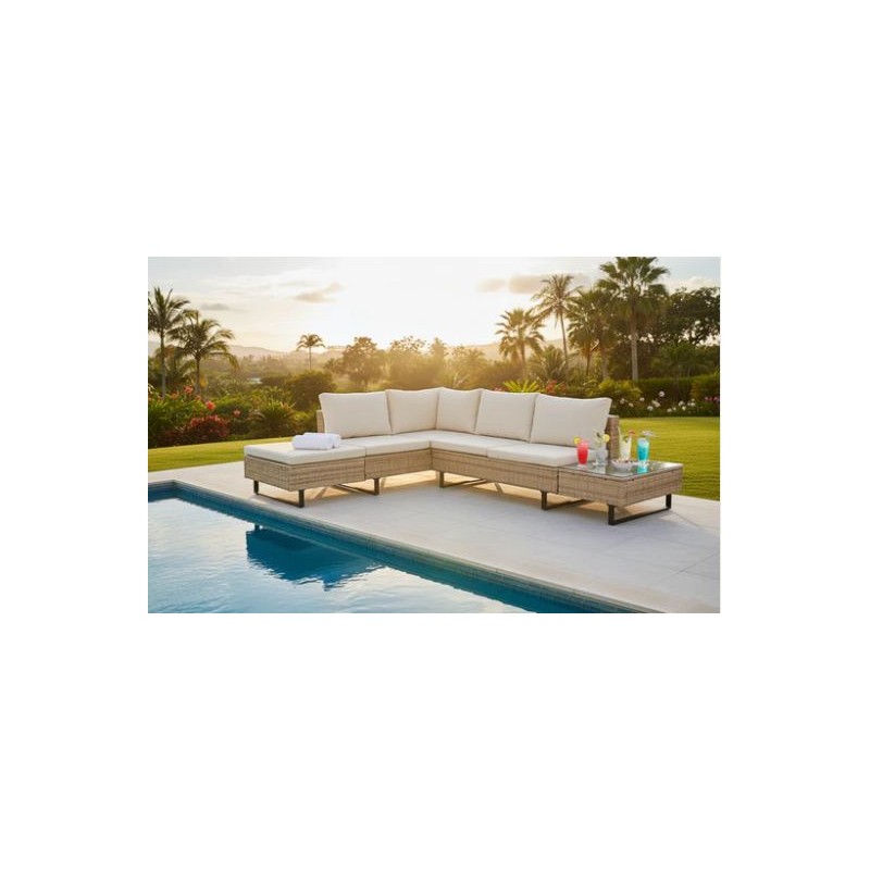 Cyprus Corner Lounge Patio Set - Brown with Light Grey Cushions - GeeWiz